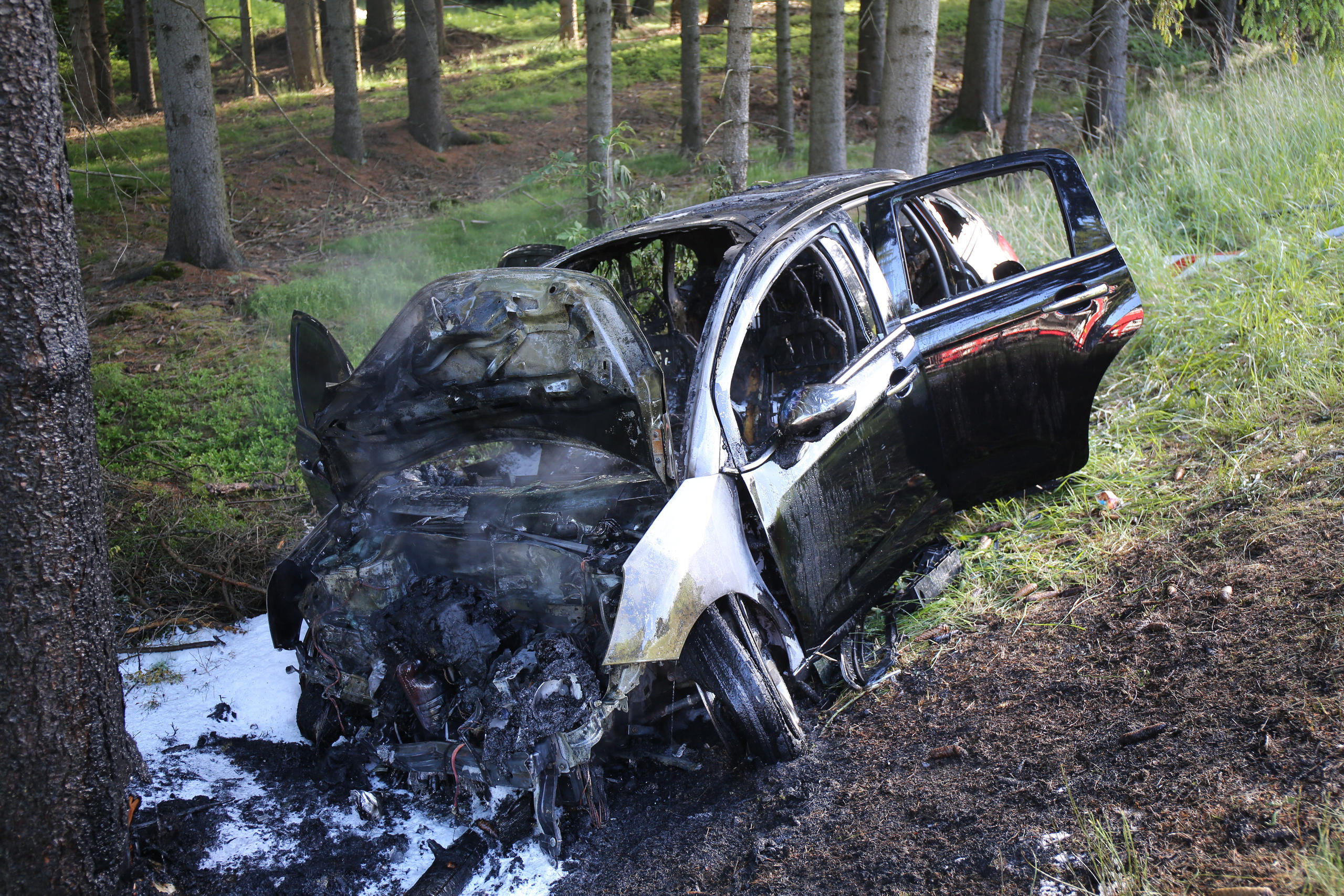Helmbrechts: Auto kracht gegen Baum und fängt Feuer - Bildergalerie